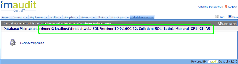 Admin Main Page: Database Maintenance